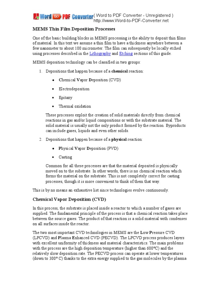 MEMS Thin Film Deposition Processes | PDF | Epitaxy | Chemical Vapor ...