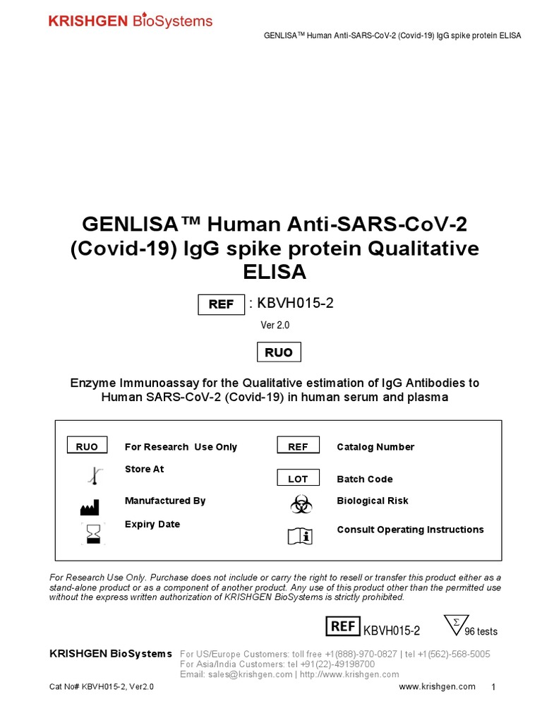KBVH015-2 GENLISA Human Anti-Coronavirus Covid-19 IgG Spike Proteins ...