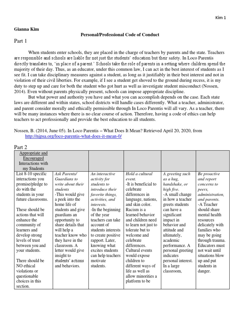 Gianna Personal Code of Conduct 1 | Download Free PDF | Teachers ...