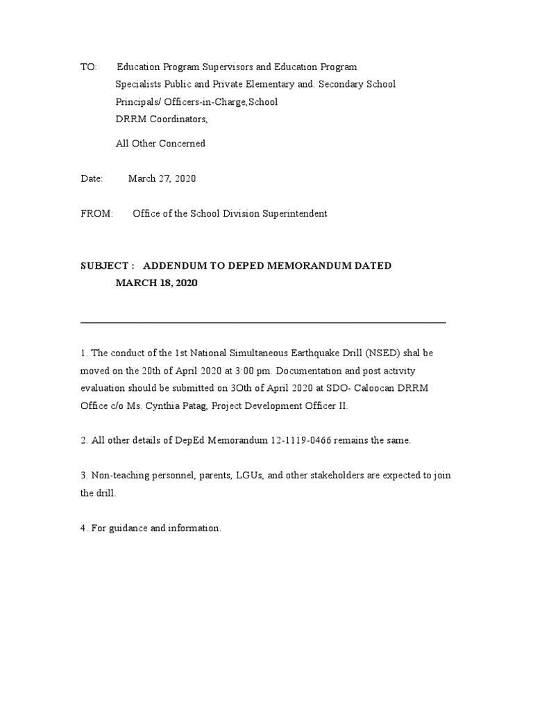Subject: Addendum To Deped Memorandum Dated MARCH 18, 2020 | PDF