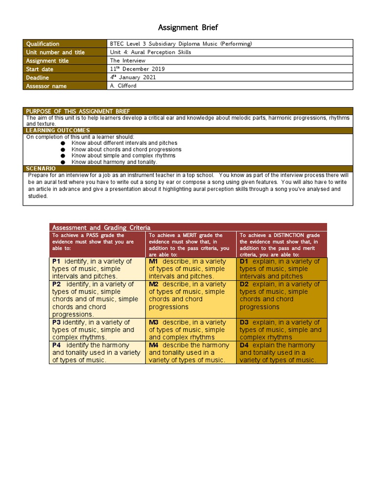 Btec l3 Music - Unit 4 - Brief - Aural Perception Skills | PDF ...