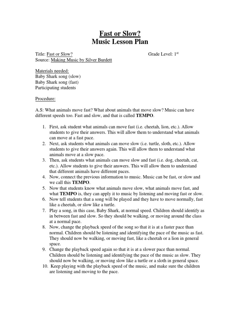 Fast or Slow? Music Lesson Plan | PDF | Neuropsychology | Behavioural ...