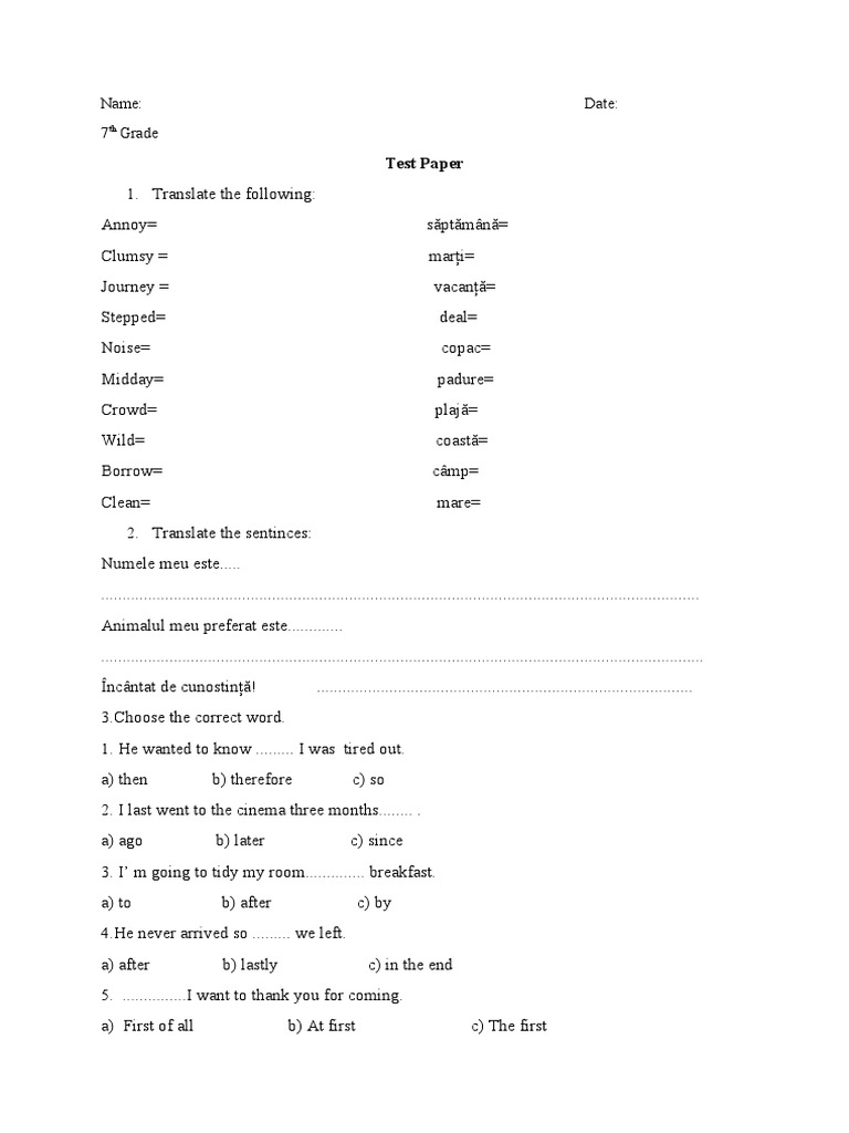 7th Grade Test Paper Translation and Grammar Practice | PDF