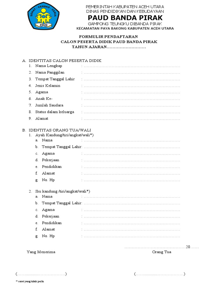 Formulir Pendaftaran Paud | PDF