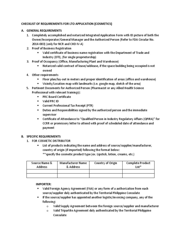 LTO cosmetics application checklist | PDF | Cosmetics | Business