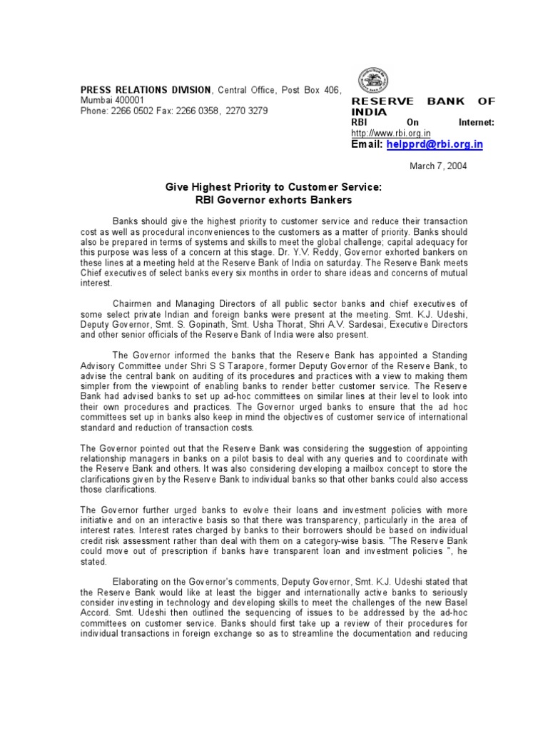 Rbi Email ID | PDF | Reserve Bank Of India | Banks