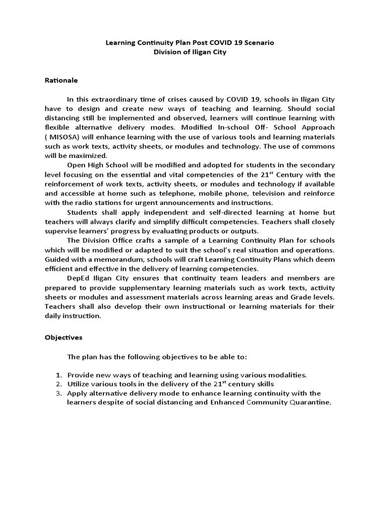Learning Continuity Plan Post COVID 19 Scenario Division of Iligan City ...