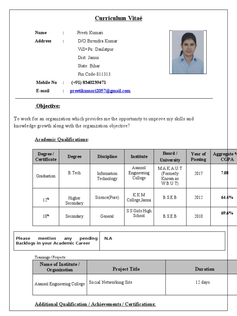 Preeti CV | PDF | College | Academic Degree