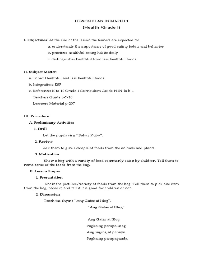 Grade 1 Healthful Foods Lesson Plan | PDF | Lesson Plan | Foods