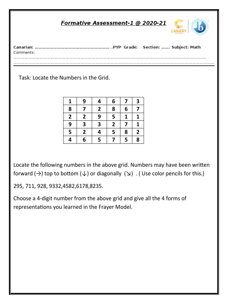 Formative Assessment-1 at 2020-21: Canarian: ... PYP Grade: Section ...