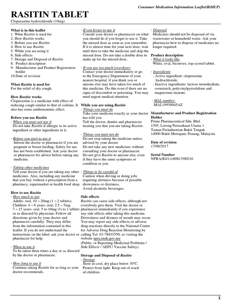 Rasitin Tablet Cloperastine Hydrochloride | PDF | Adverse Effect | Pharmacy