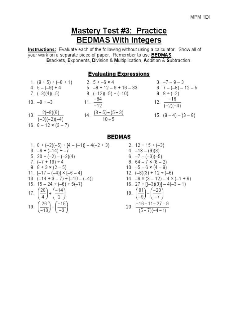 Order of Operations With Integers - Worksheet | PDF | Numbers ...