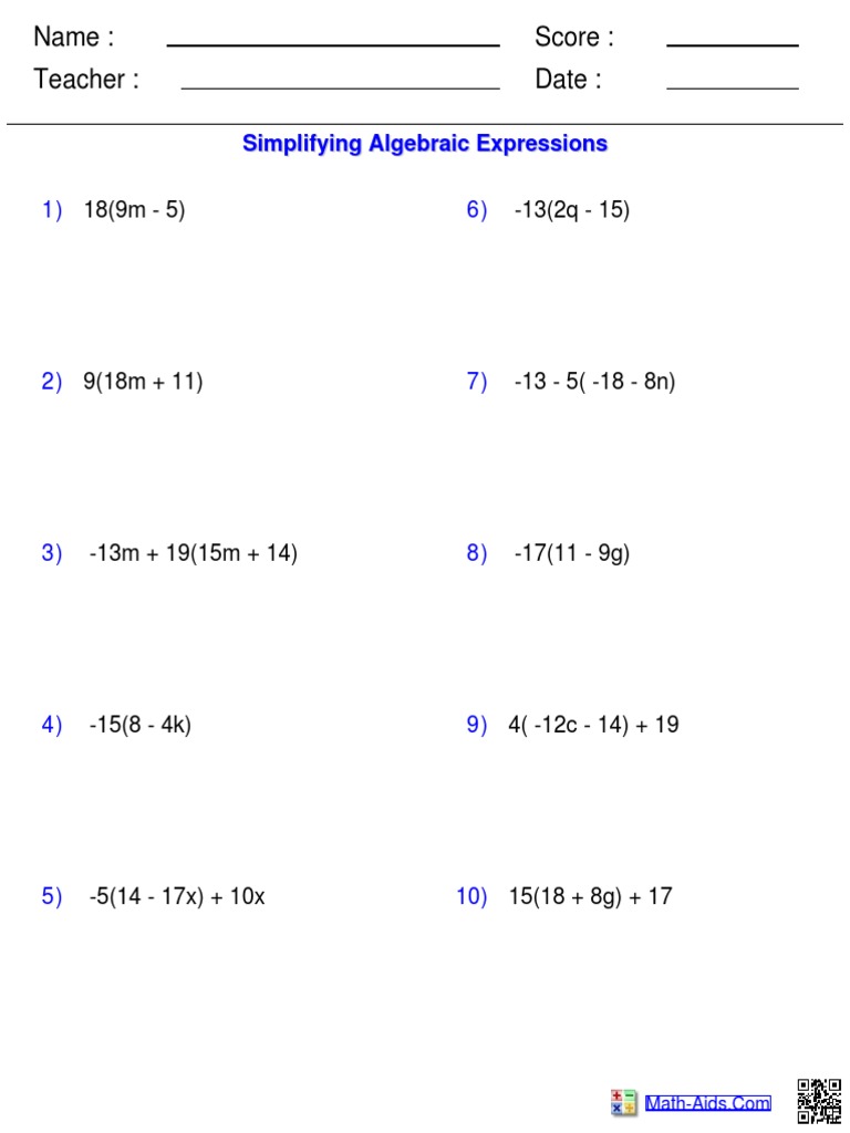 Name: Teacher: Date: Score:: Simplifying Algebraic Expressions | PDF ...