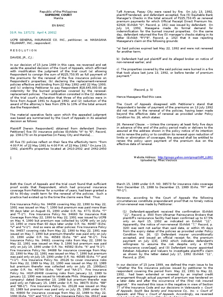 Ucpb General Insurance Co. Inc Vs Masagana Telemart | PDF | Insurance ...