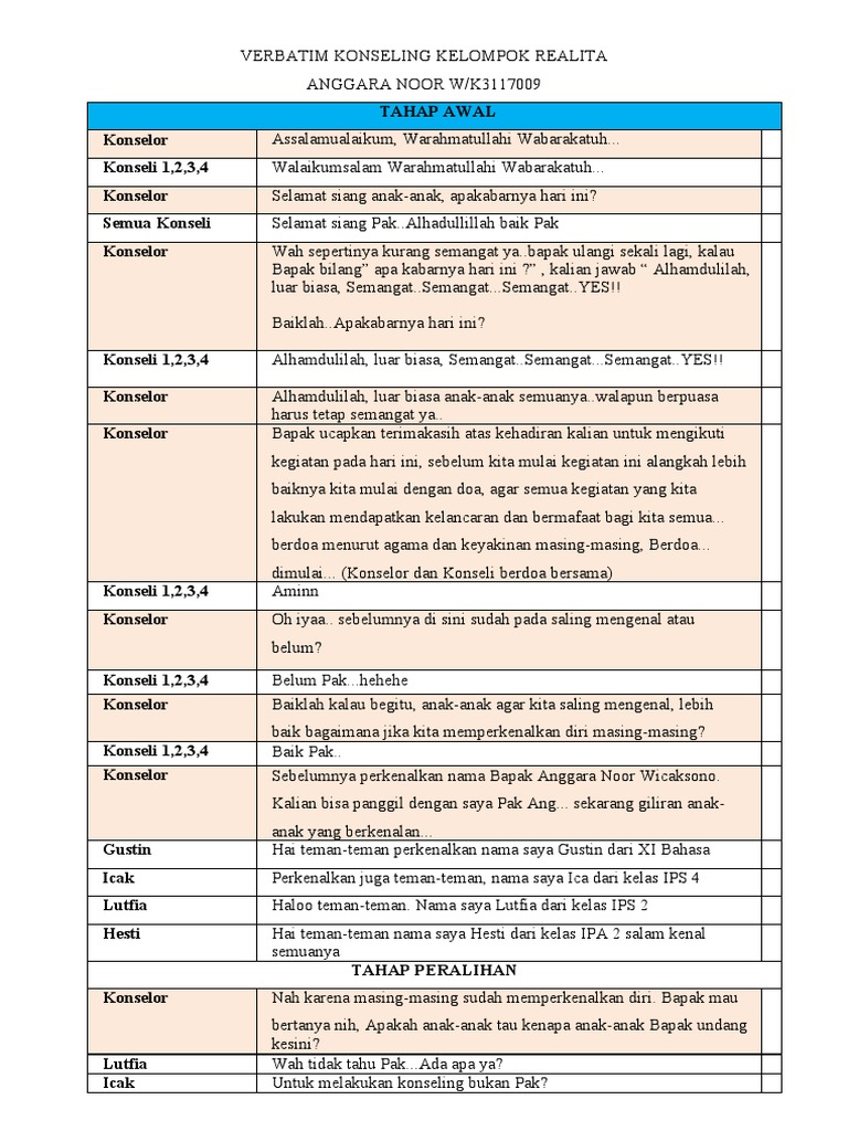 Verbatim Konseling Kelompok Realita - Anggara | PDF
