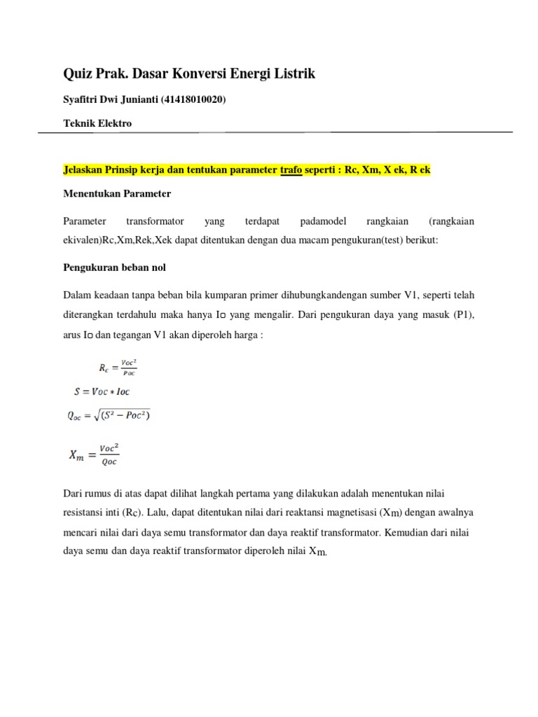 Prinsip Kerja Dan Tentukan Parameter Trafo RC, XM, Xek, Rek | PDF | Sains & Matematika