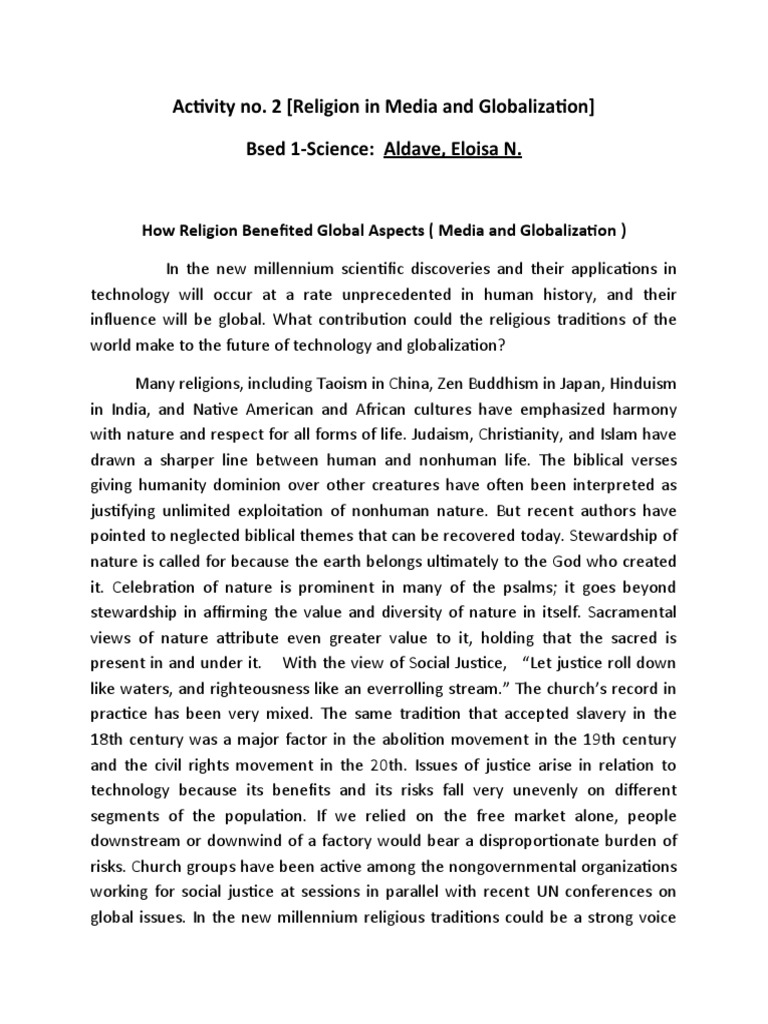 Activity No. 2 (Religion in Media and Globalization) Bsed 1-Science ...