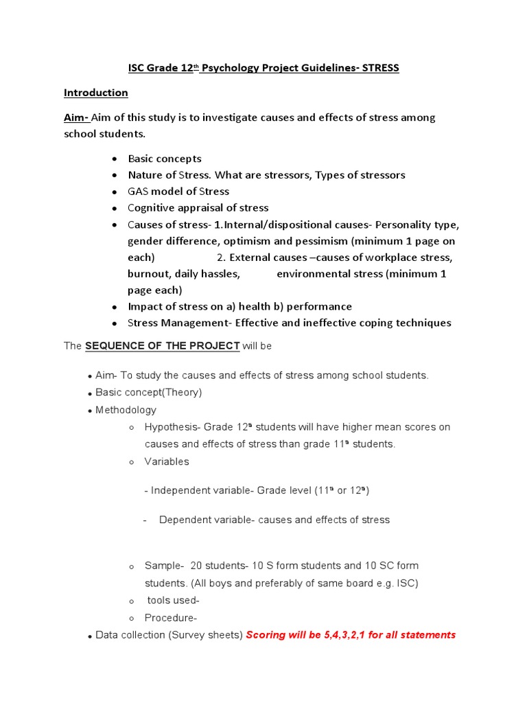 ISC Grade 12 Psychology Project Guidelines-STRESS Aim - Aim of This ...