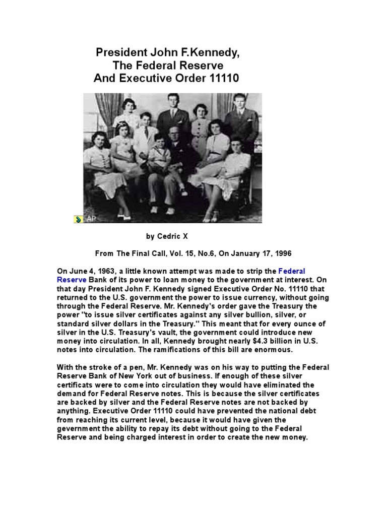 JFK's Executive Order 11110 Explained | PDF | Federal Reserve | United ...