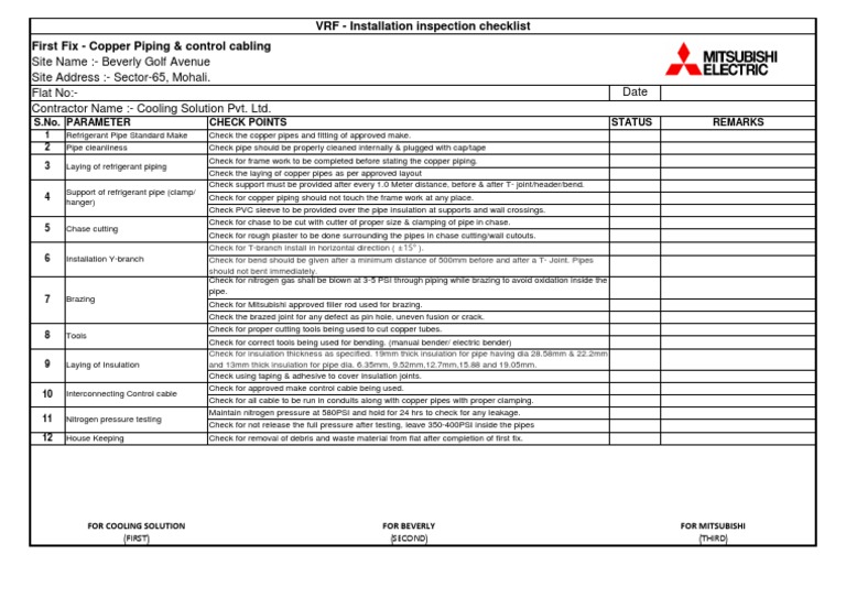 Copper Piping Checklist VRV | PDF | Pipe (Fluid Conveyance) | Home ...