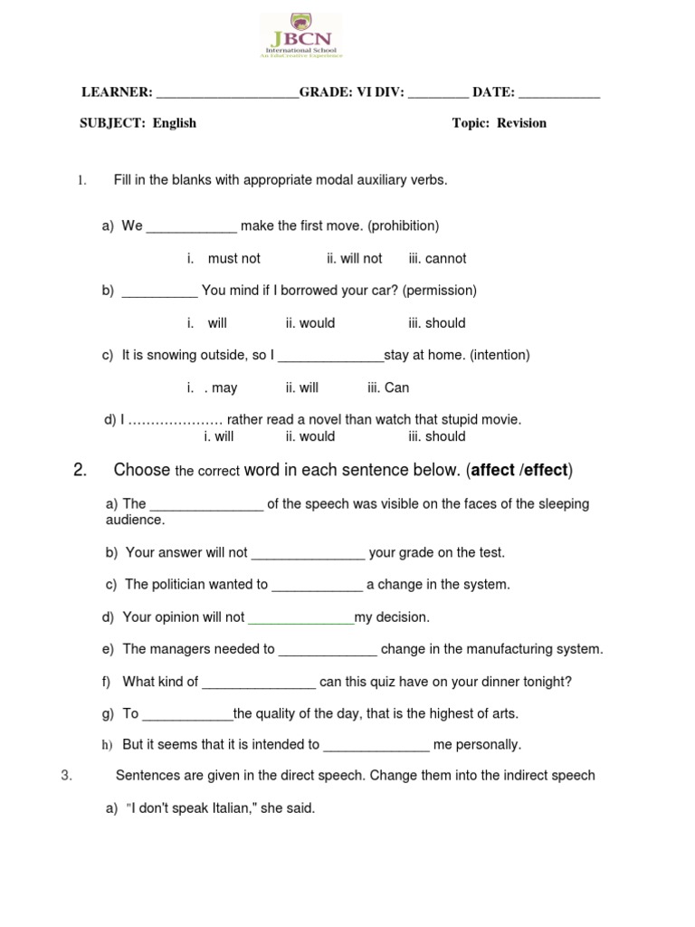English Worksheet 1 (Grade 6 Ekam & Ena (24-03-2018) | PDF | Grammar ...