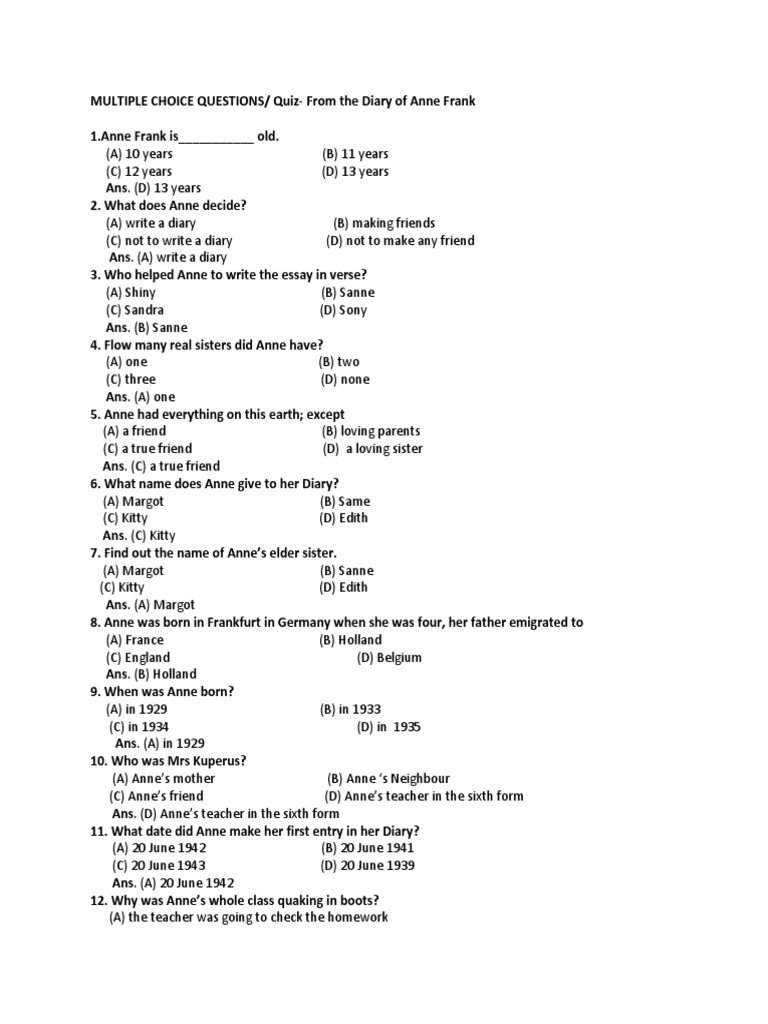 Anne Frank Diary MCQs and Answers | PDF | Anne Frank | Nazi Germany