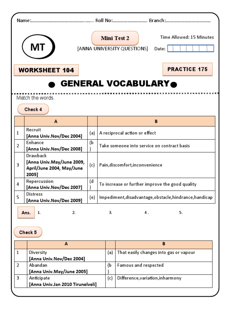 General Vocabulary: Worksheet 104 | PDF | Syntax | Vacuum Tube