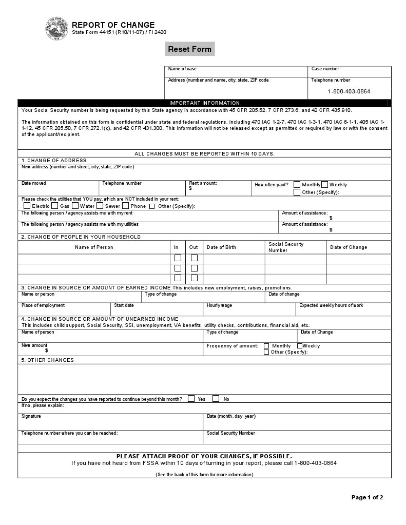Report of Change: Reset Form | PDF | Social Security (United States ...