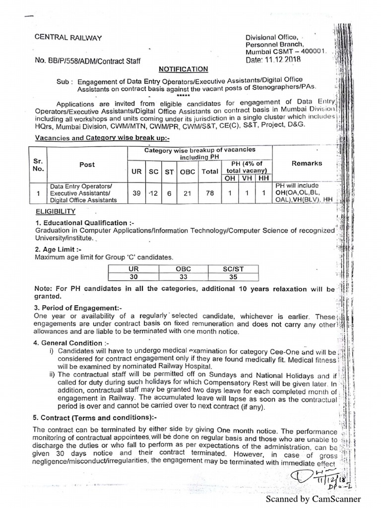 Central Railway 78 Deo Executive Asst Digital Office Asst Posts Advt Details Application Form ...