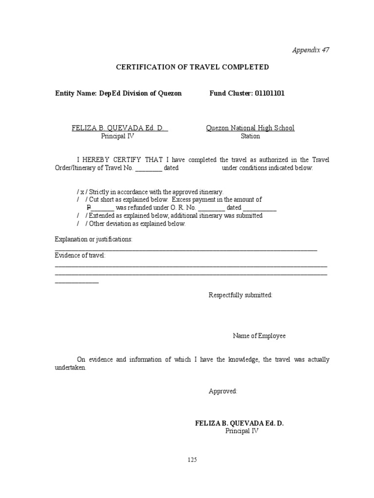 Certificate of Travel Completion Form | PDF