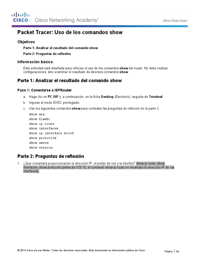 11.3.3.4 Packet Tracer - Using Show Commands Instructions IG - RESUELTO | PDF | Cisco Systems ...