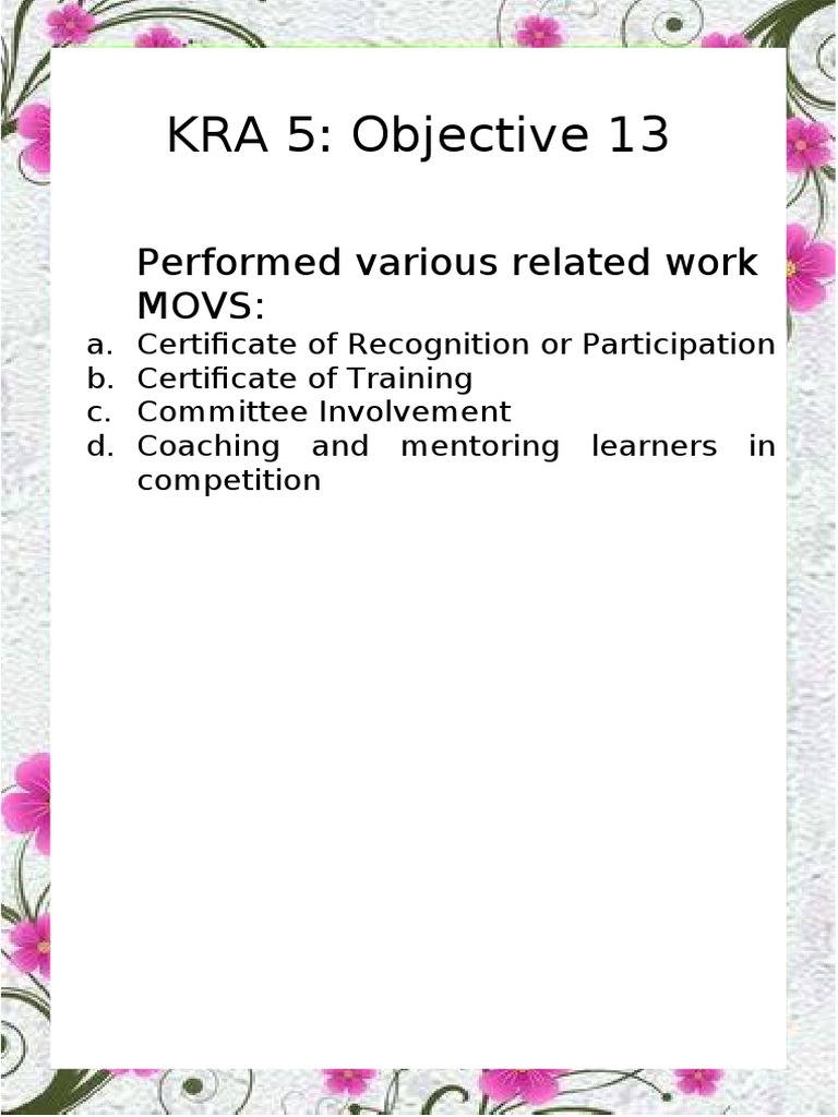 KRA 5: Objective 13: Performed Various Related Work Movs | PDF
