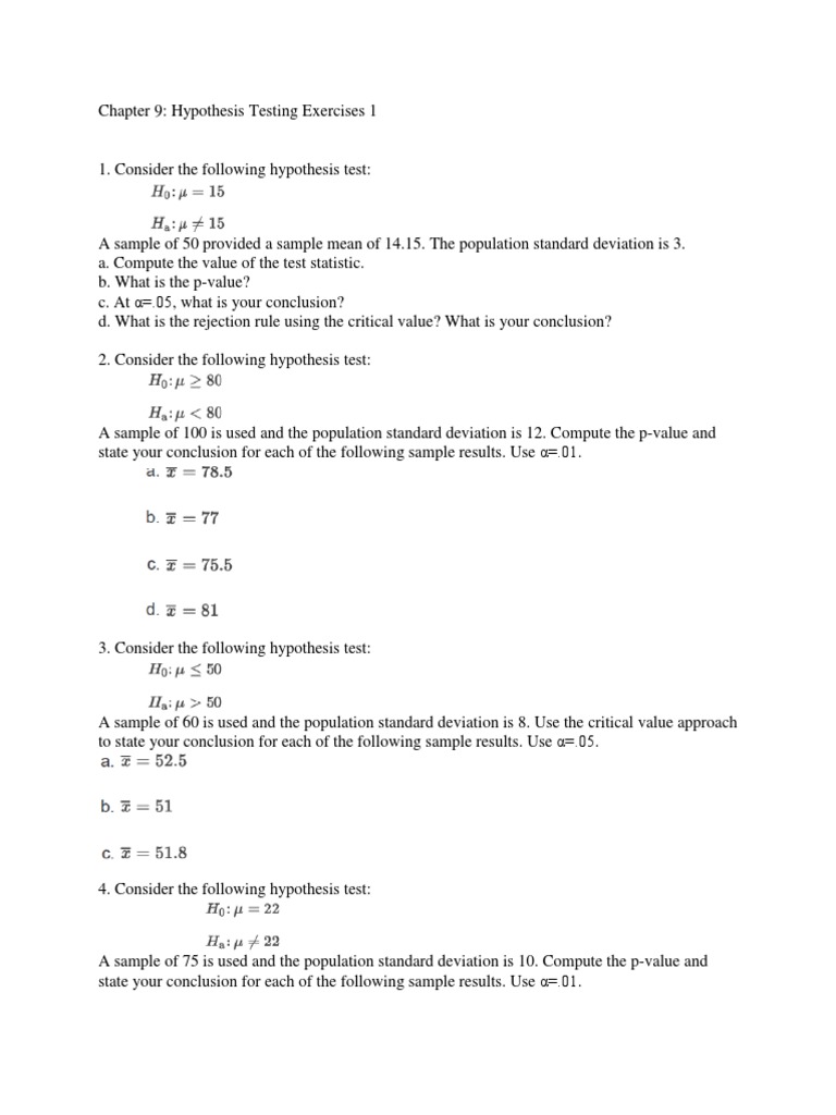 Chapter 9 Hypothesis Testing Exercises 1 P Value Hypothesis