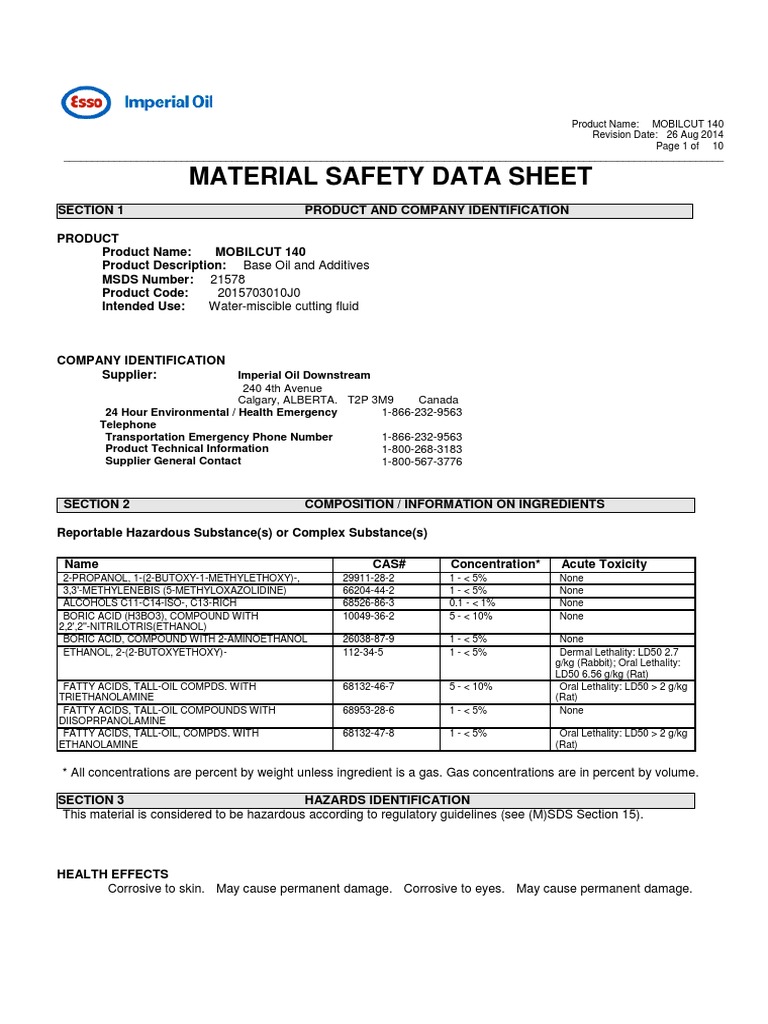 Mobilcut 140 (MSDS Canada, Englisch) PDF | PDF | Firefighting | Waste ...