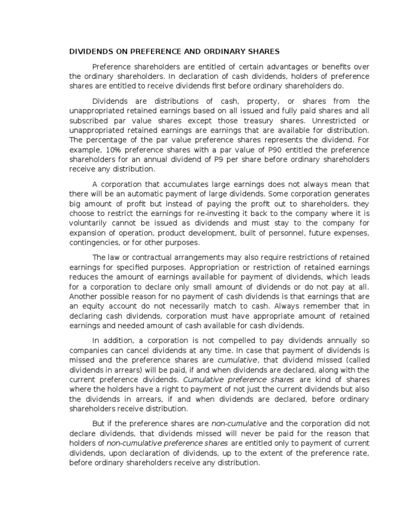 Dividends on Preference vs Ordinary Shares | PDF | Arrears | Preferred ...