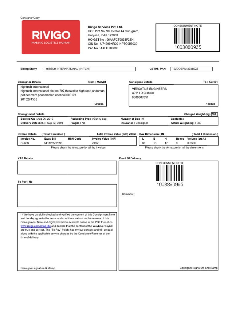Rivigo Services Pvt. LTD | PDF | Bill Of Lading | Business Documents