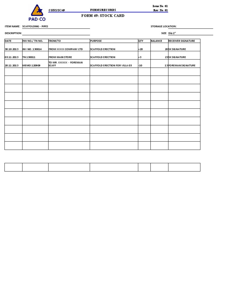Stock Card for Scaffolding Pipes | PDF