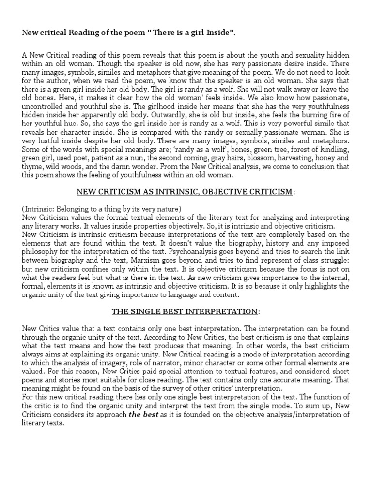 New Critical Reading of The Poem " There Is A Girl Inside" | PDF ...