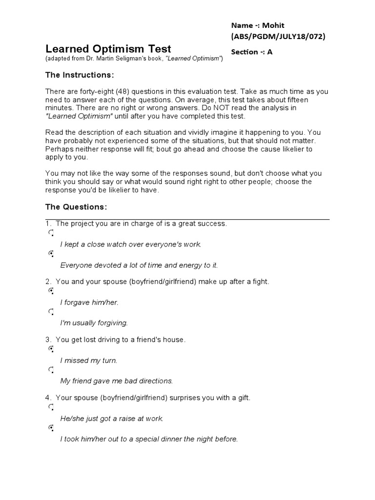 Learned Optimism Test MOHIT | PDF