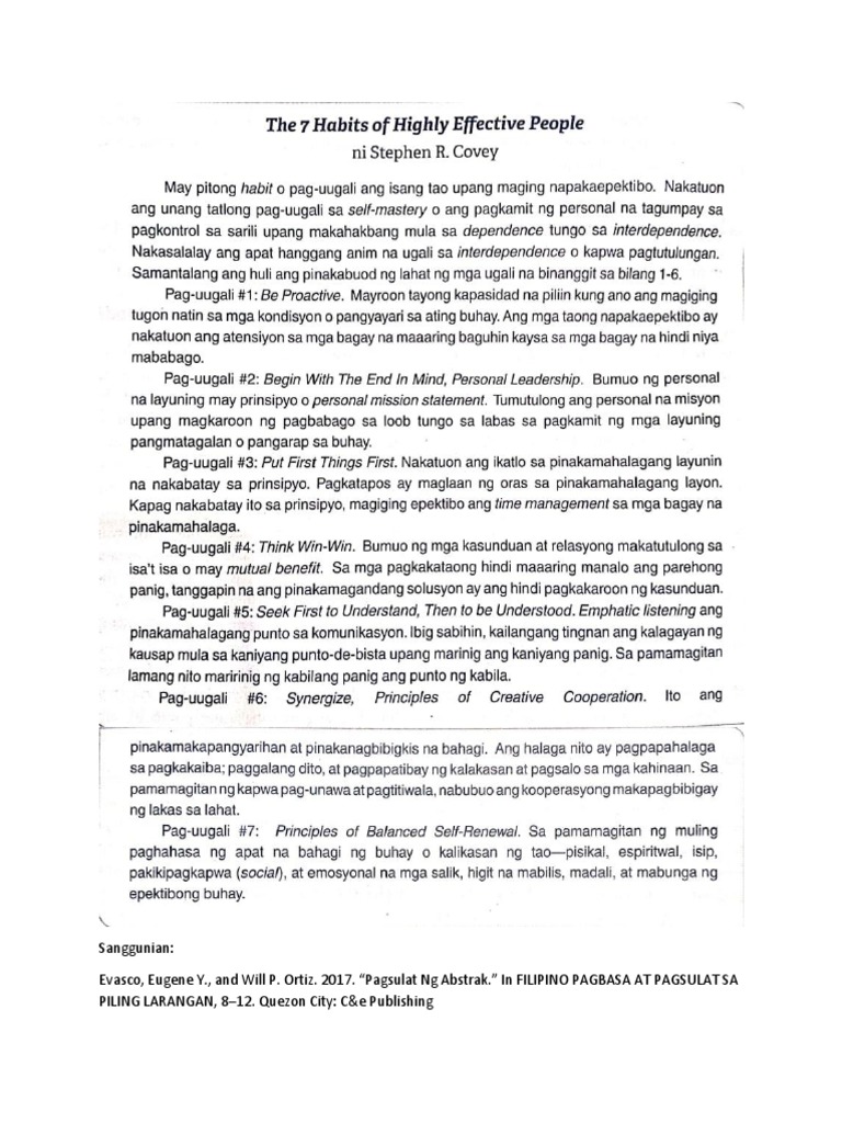 Halimbawa NG Buod (The 7 Habits of Highly Effective People) | PDF