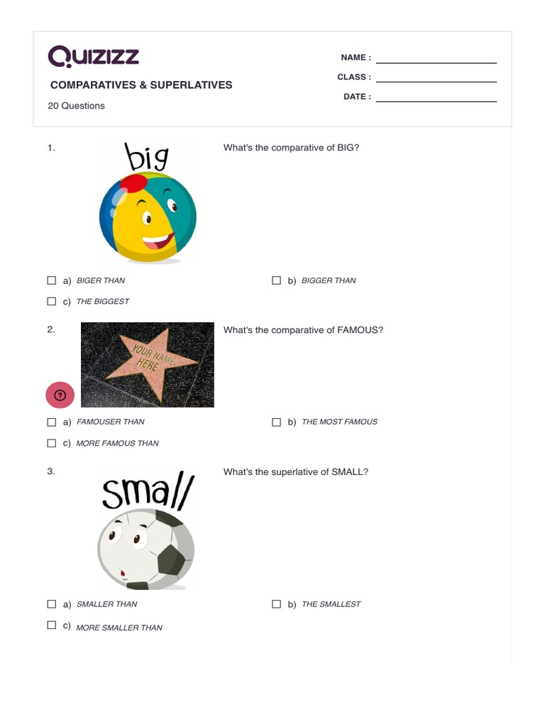 COMPARATIVES & SUPERLATIVES - Print - Quizizz | PDF | Grammar ...
