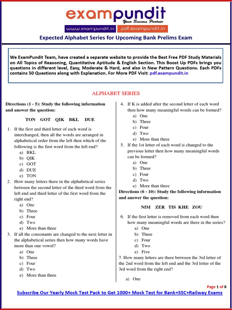 Alphabet Series Questions For Sbi Clerk Prelims Exam | PDF | Alphabet ...