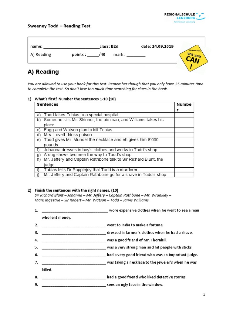 A) Reading: Sweeney Todd - Reading Test | PDF