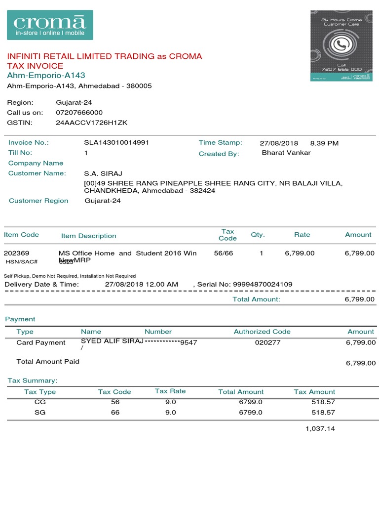 Ahm-Emporio-A143: Tax Invoice Infiniti Retail Limited Trading As Croma ...