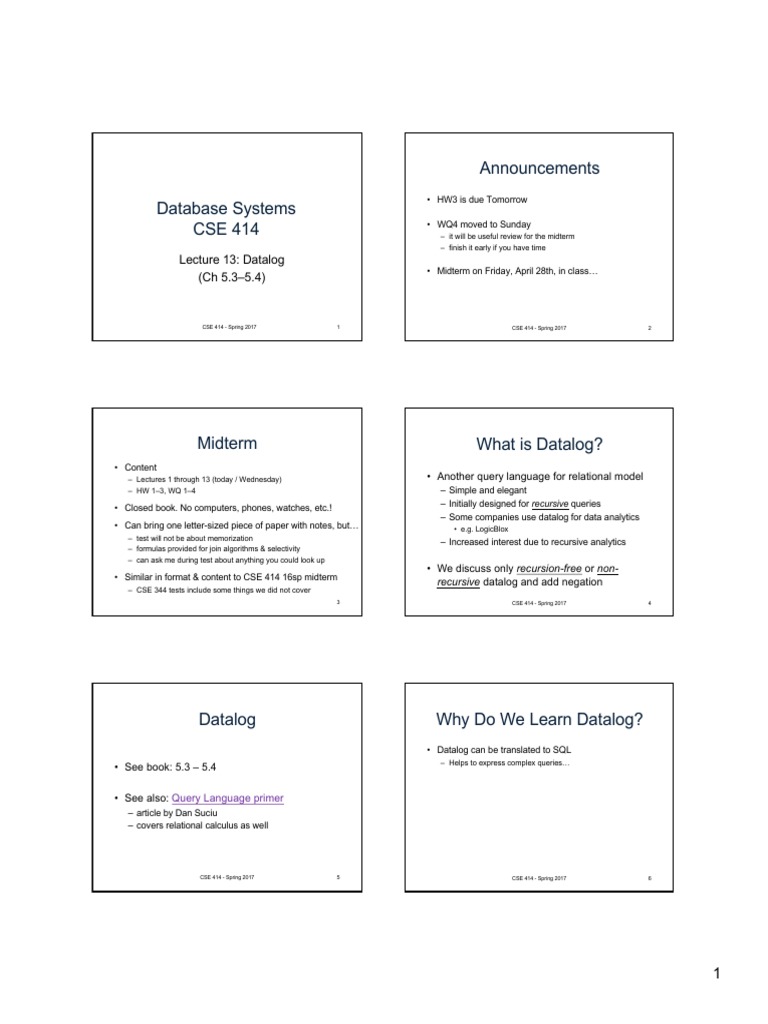 Database Systems CSE 414: Announcements | PDF | Database Index | Relational Model
