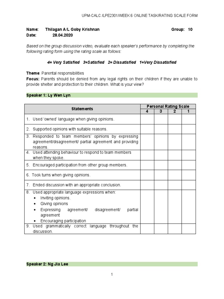 Lpe2301 GD Rating Scale Form For Online Task (Week 6) | PDF ...