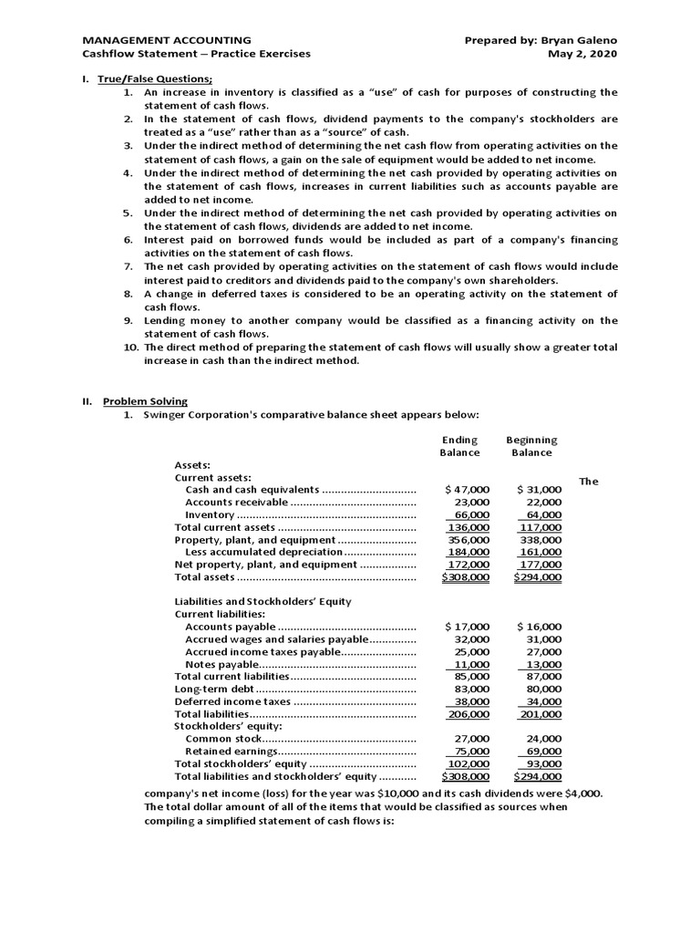 Cash Flow Statement Practice Exercises | PDF | Cash Flow Statement ...