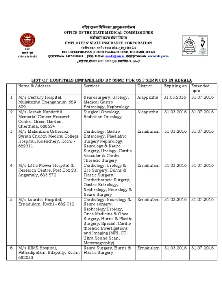 Empanelled Hospitals in Kerala 2024 | PDF | Nephrology | Cardiothoracic ...