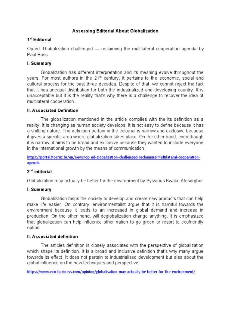Assessing Editorial About Globalization 1 Editorial: Agenda | PDF ...