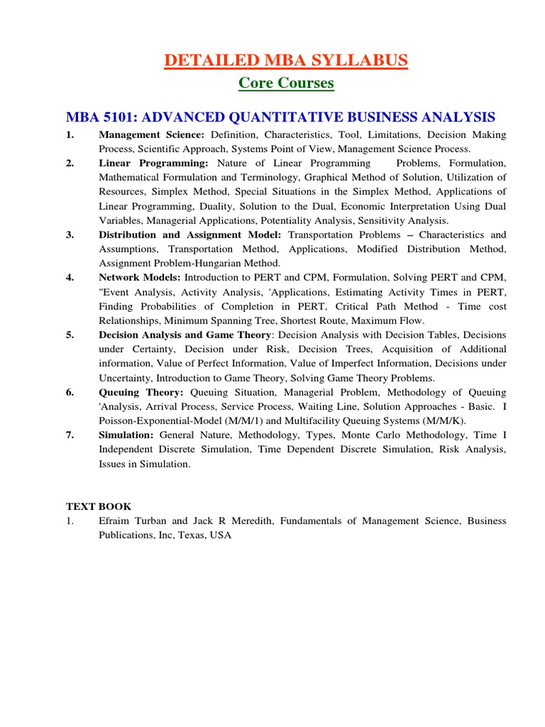 Detailed Mba Syllabus: Core Courses | PDF | Long Run And Short Run ...